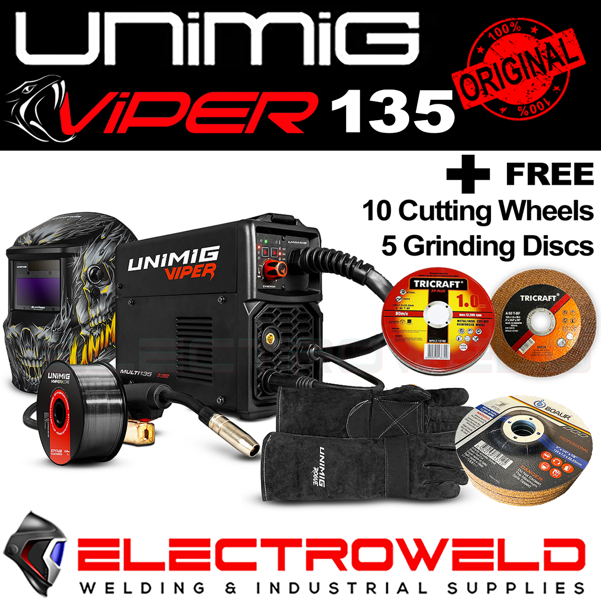 UNIMIG Viper 135 Mig Tig Welder Bundle Helmet Gloves Wire Discs PK11081 U11005K - Electroweld