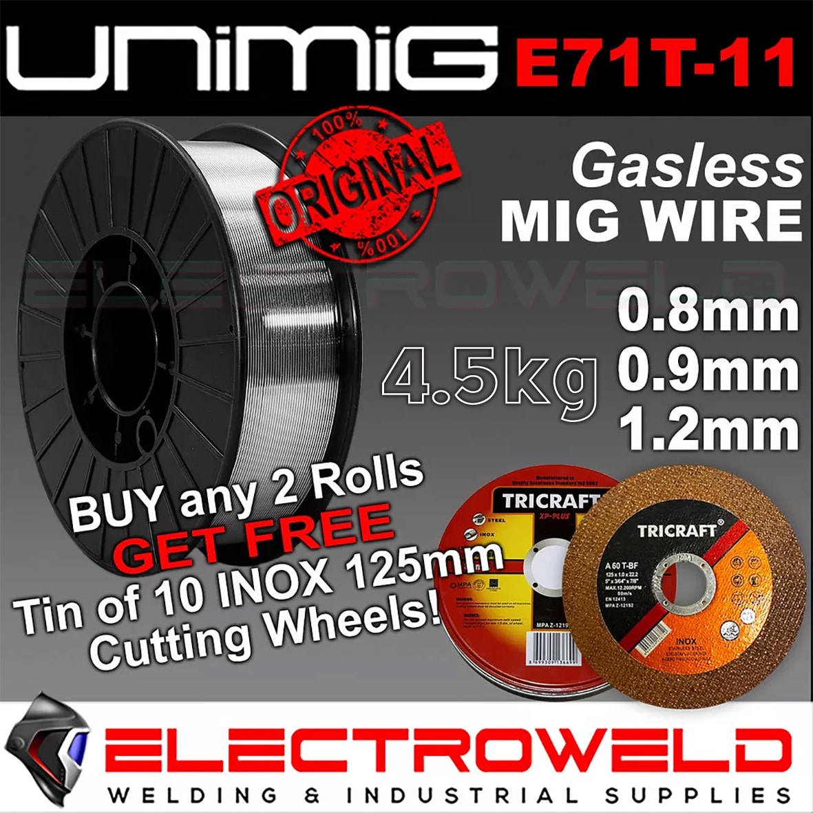 Unimig E71T-11 Gasless MIG Wire Flux Cored Welding Mild Steel 4.5kg - 0 ...
