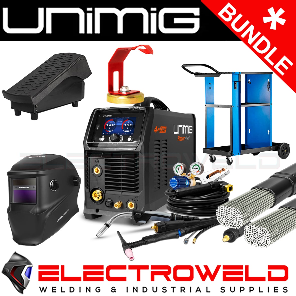 UNIMIG Razor Multi 230 ACDC Welder + Foot Pedal + Helmet + Trolley ...
