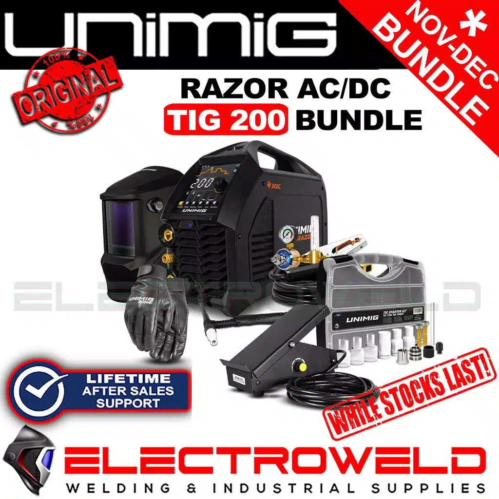 UNIMIG Razor 200 ACDC Tig Welder + Foot Pedal + Gloves + Helmet AC/DC ...