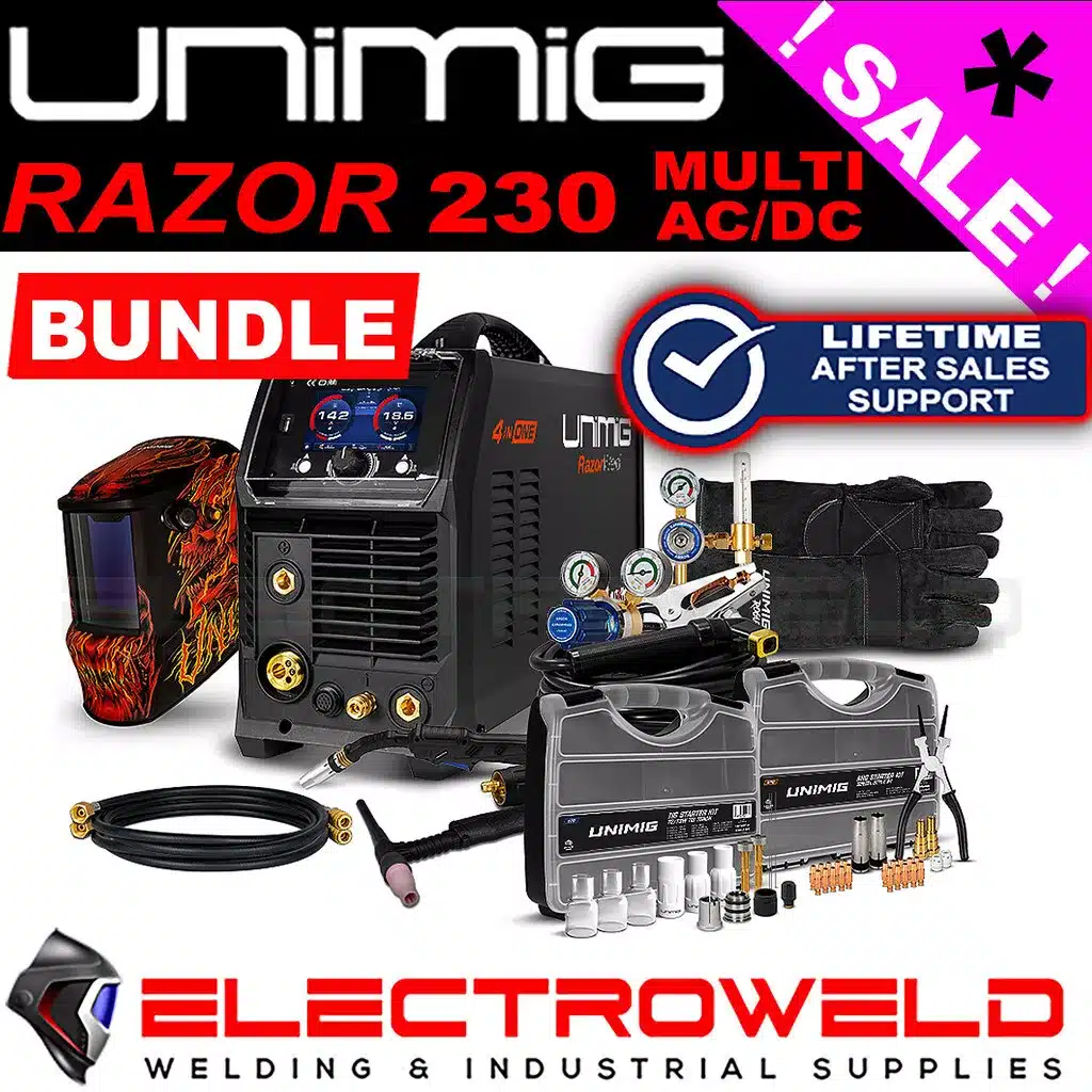 UNIMIG Razor Multi 230 ACDC Mig Tig Welder + Helmet + Consumables ...