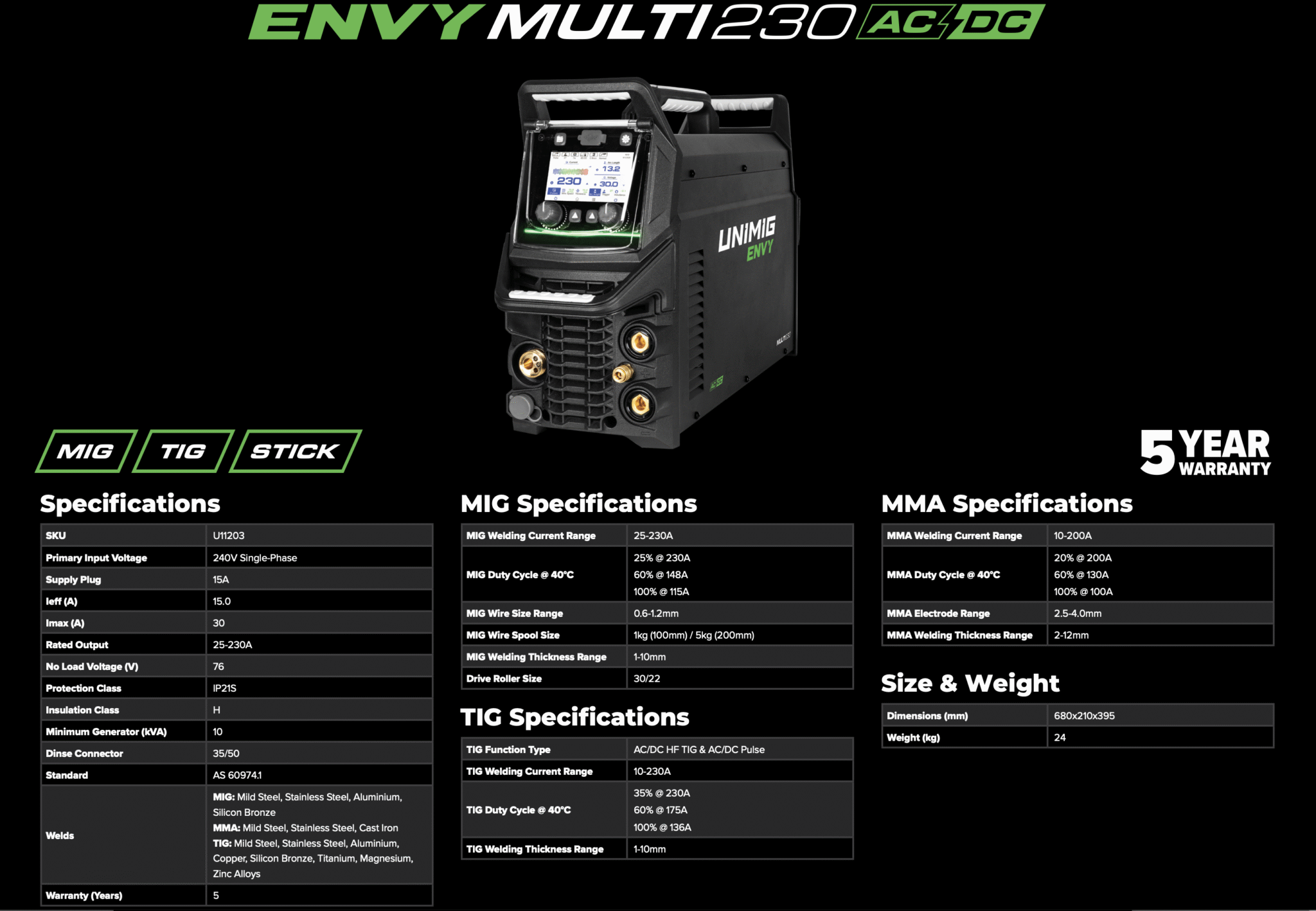 UNIMIG Envy Multi 4 in 1, 230 ACDC Mig Tig Stick Pulse Welder + 2 x ...